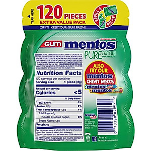Mentos Pure Fresh Sugar-Free Chewing Gum with Xylitol, Spearmint, 120 Piece Bulk Resealable Bag (Pack of 1)