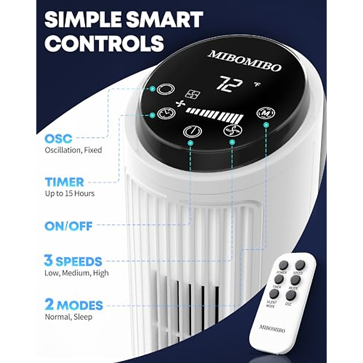 MIBOMIBO 40 inch White Tower Fan for Bedroom, Quiet Cooling Fan with LED Display, Oscillating Fans for Indoors with 3 Speeds, 15H Timer, Bladeless Fan, Standing Floor Fans,TF-K4007RW