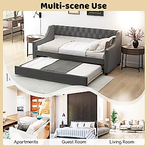Giantex Upholstered Twin Daybed with Trundle, Modern Trundle Bed with Button Tufted Backrest and Wooden Slat Support, Twin Size Day Bed for Living Room Guest Room, No Box Spring Needed, Grey