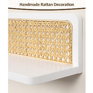 Maxpeuvon Rattan Floating Shelves, Boho Cane Webbing Wall Shelves Farmhouse Display Storage Organizer White Bookshelves Wicker Room Decor for Living Room Bedroom Entryway Hallway Bathroom, Set of 2