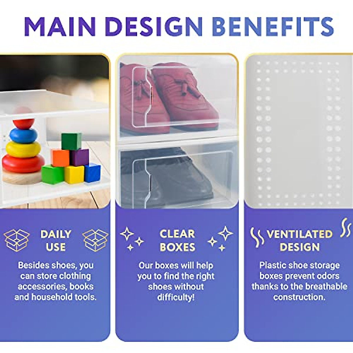 APQ 12 Pack Shoe Organizer Boxes 13.9" x 15.3" x 6.9", Ventilated Clear Shoe Box Organizer, Durable Plastic Shoes Organizer, Roomy and Stackable Shoe Boxes Set of 12, Easy to Open Shoe Storage Box