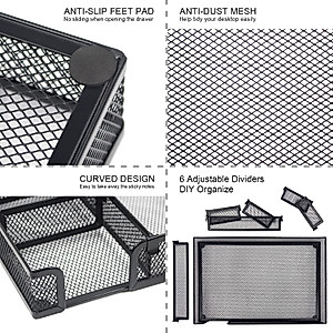 ROSROSE 2 Pack Desk Organizer Trays - Small & Large Office Drawer Organizers w/6 Adjustable Compartments, Metal Mesh Storage Set for Office Supplies & Home