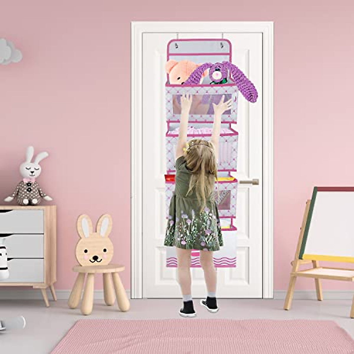 Boczif Over Door Hanging Organizer, Wall Mount Storage with 4 Large Pocket and Mesh Clear Window, Closet Door Organizer for Children's Rooms,Nursery, Bedroom, Kids Toys, Shoes, Diapers(1-Pink)
