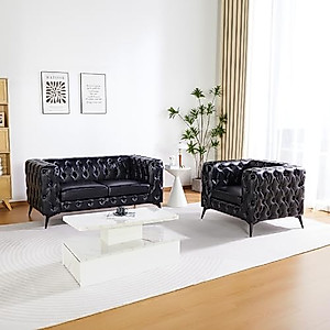Chesterfield Loveseat, Modern Faux Leather Button Tufted Accent Sofa Couch with Square Arms and Metal Legs for Living Room, Bedroom, Office, Apartment (Black)