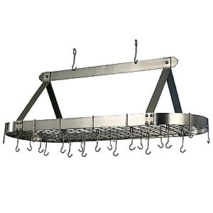 Old Dutch Oval Hanging Pot Rack with Grid & 24 Hooks, Satin Nickel, 48 x 19 x 15.5