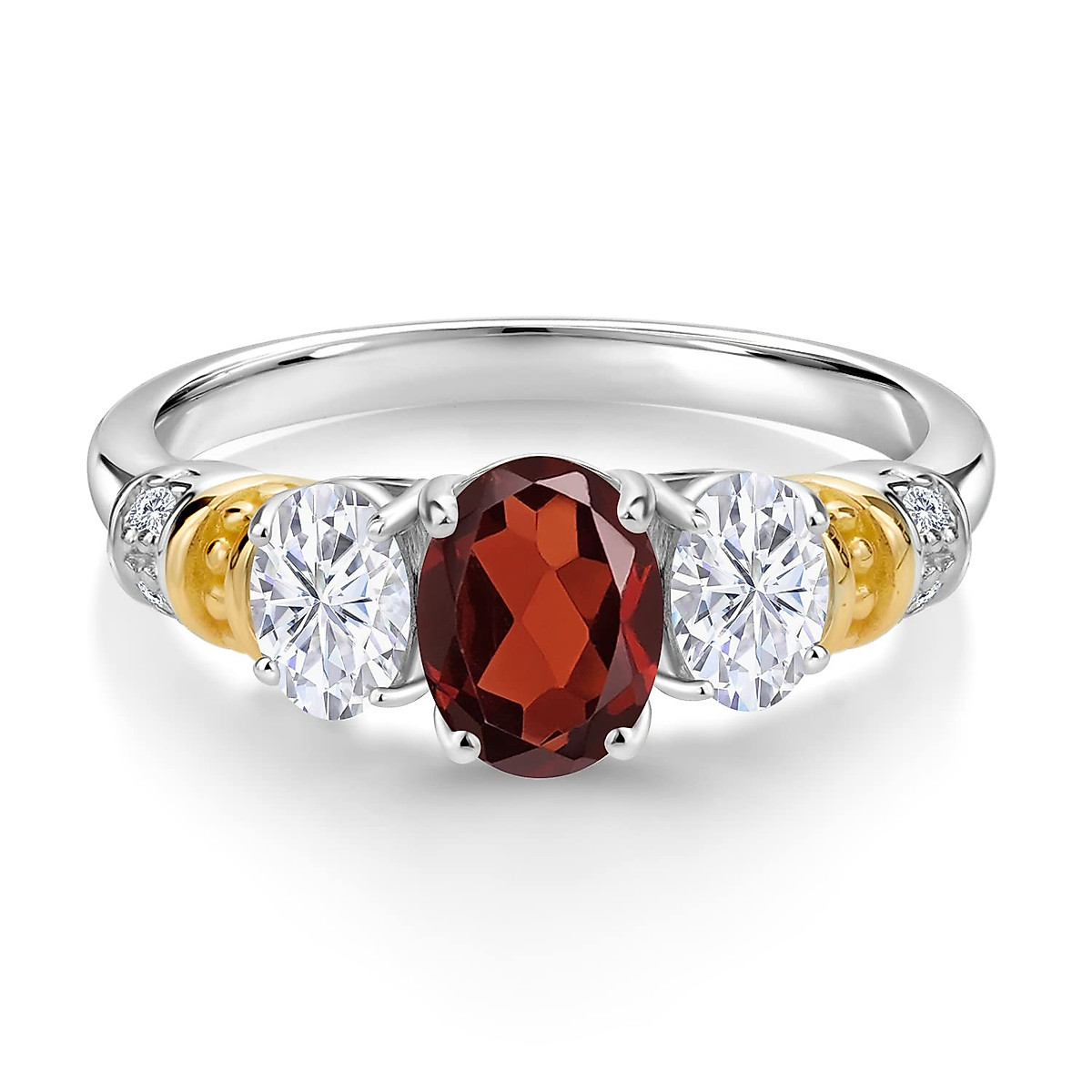 925 Sterling Silver and 10K Yellow Gold Oval Red Garnet White Moissanite and White Diamond 3 Stone Ring For Women (2.53 Cttw, Gemstone January Birthstone, Available In Size 5, 6, 7, 8, 9)