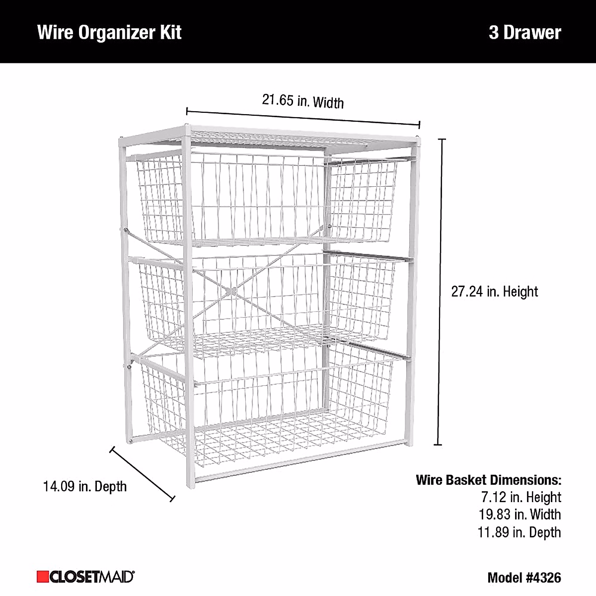 ClosetMaid Wire Basket 3 Drawer Organizer Unit with Shelf for Pantry, Closet, Clothes, Linens, Sturdy Steel, Easy Assembly, White