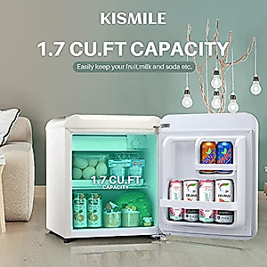 Kismile Retro Mini Fridge with Freezer,1.7cu. ft Small fridge with Adjustable Removable Glass Shelves, Mechanical Control, Compact Refrigerator for Office, Dorm, Bedroom (White)