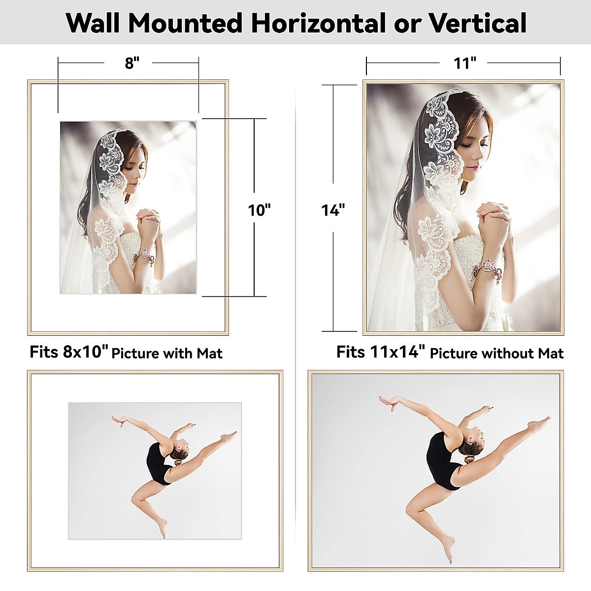 Fkvat 11x14 Picture Frame Set of 2, Brass Thin Metal, for Horizontal & Vertical Picture Frames for Wall Hanging, Aluminum Float Photo Frame, 8x10 with Mat or 11 x 14 without(2 Pack)