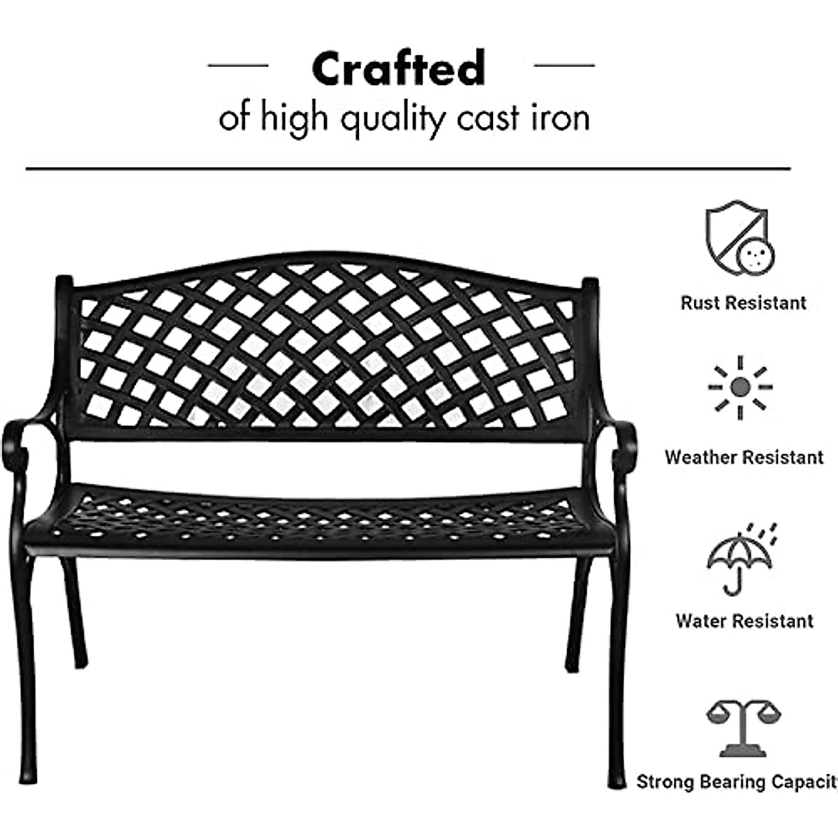 TITIMO 41” Outdoor Garden Bench with Armrests Sturdy Cast Aluminum Porch Loveseat Chair for All-Weather Patio Park Path Yard Lawn Work Entryway Decor Deck (Black)