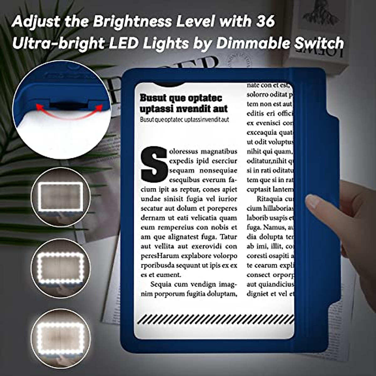 5X Magnifying Glass for Reading, Large and Lightweight Magnifier with 36 Ultra-Bright Dimmer LED Lights Provide Full-Page Viewing Area Evenly Lit Perfect for Low Vision Person and Seniors(Dark Blue)