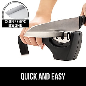 Gorilla Grip Easy to Use Knife Sharpener, 3 Sharpening Options to Help Polish, Sharpen and Repair Kitchen Knives, Restore Dull Blades, Slip Resistant Handle, Professional Chef Quality, Jet Black
