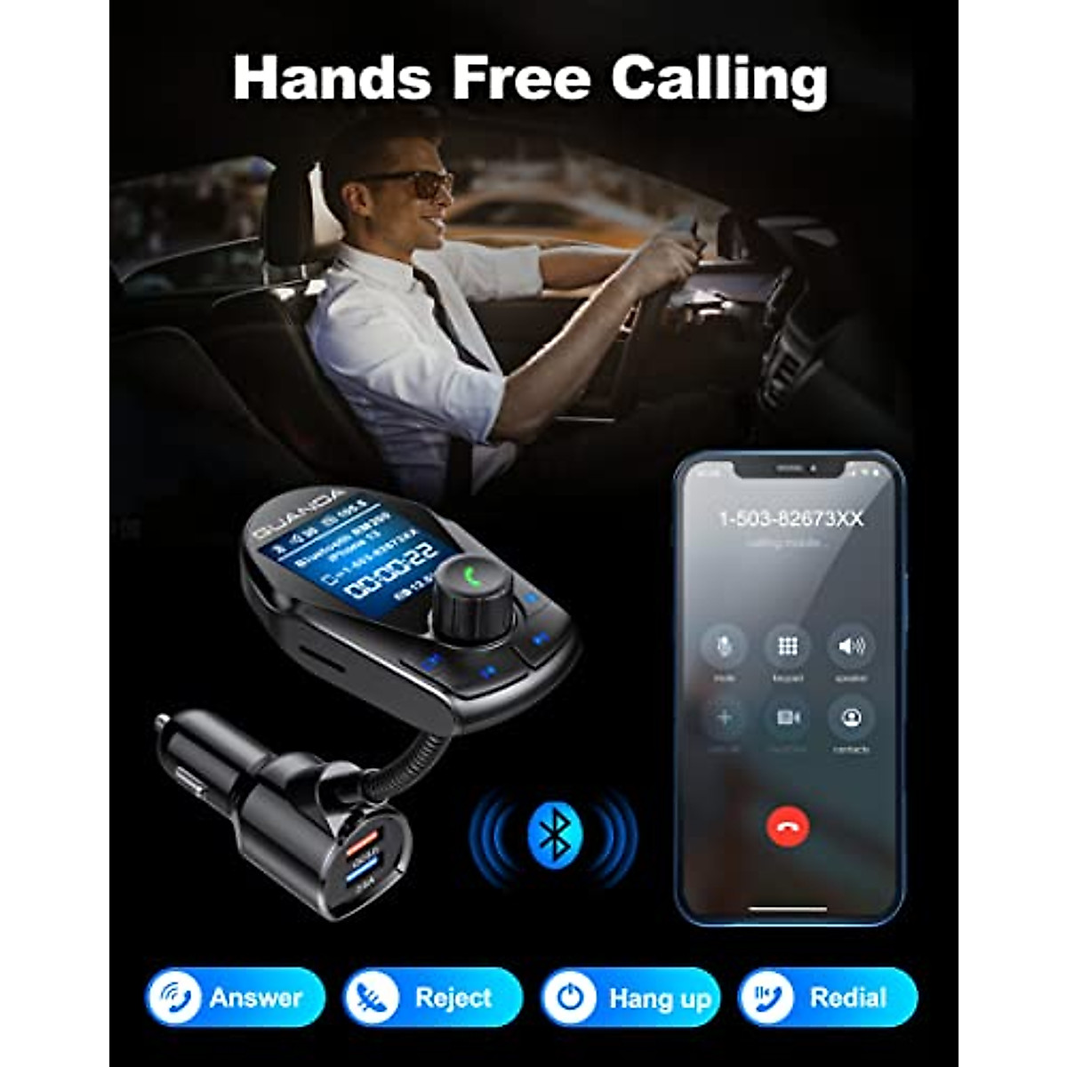 Bluetooth FM Transmitter (Upgraded Version) in-Car Wireless Radio Adapter Kit W 1.8" Color Display Hands-Free Call QC3.0 and Smart 2.4A Dual USB Ports, AUX Input/Output, TF Card MP3 Player