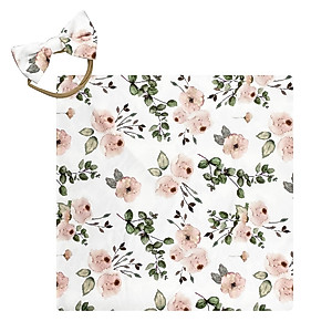 Vollmic Newborn Baby Girl Receiving Blanket Swaddle Blanket Stretchy Knit Swaddle Set with Matching Headband (Pink&Green)