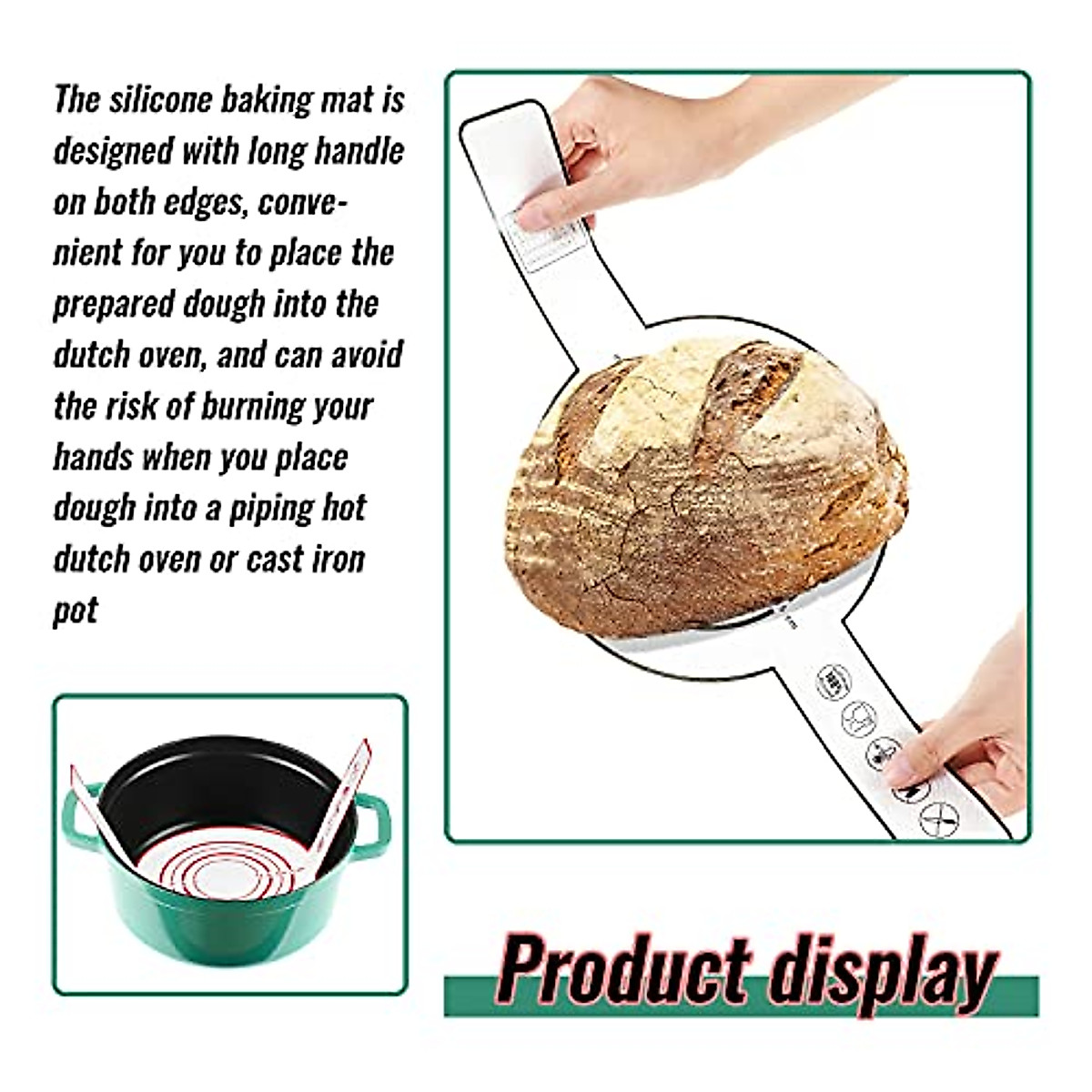 2 Pieces Silicone Baking Mat for Dutch Oven Bread Baking Non-stick Baking Mat with Long Handle 8.3 Inch Reusable Silicone Baking Sheets Heat Resistant Baking Bread Pad for Dough Pastry (Red, Black)