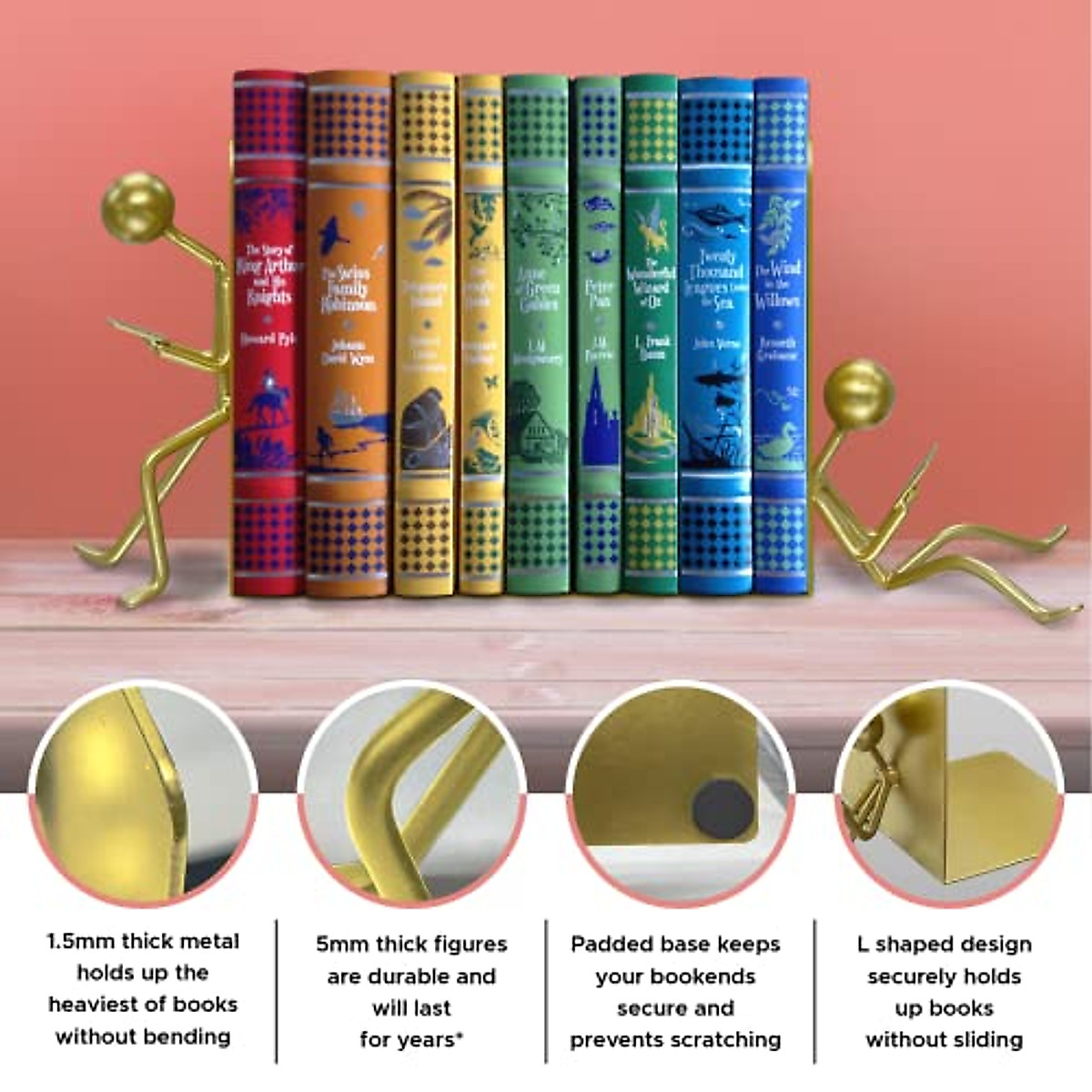 Ottimo Heavy Duty Metal Unique Office Desk Bookends for use as Bookshelf Decor, Home, Office or Kitchen Shelves. Unique, Cute and Decorative Book Stopper to Hold Books, Great Gift Idea (Gold)