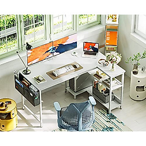 ODK Small L Shaped Computer Desk, 55 Inch Corner Desk with Reversible Storage Shelves & PC Stand for Home Office Workstation, Modern Simple Writing Study Table with Storage Bag for Small Space, White