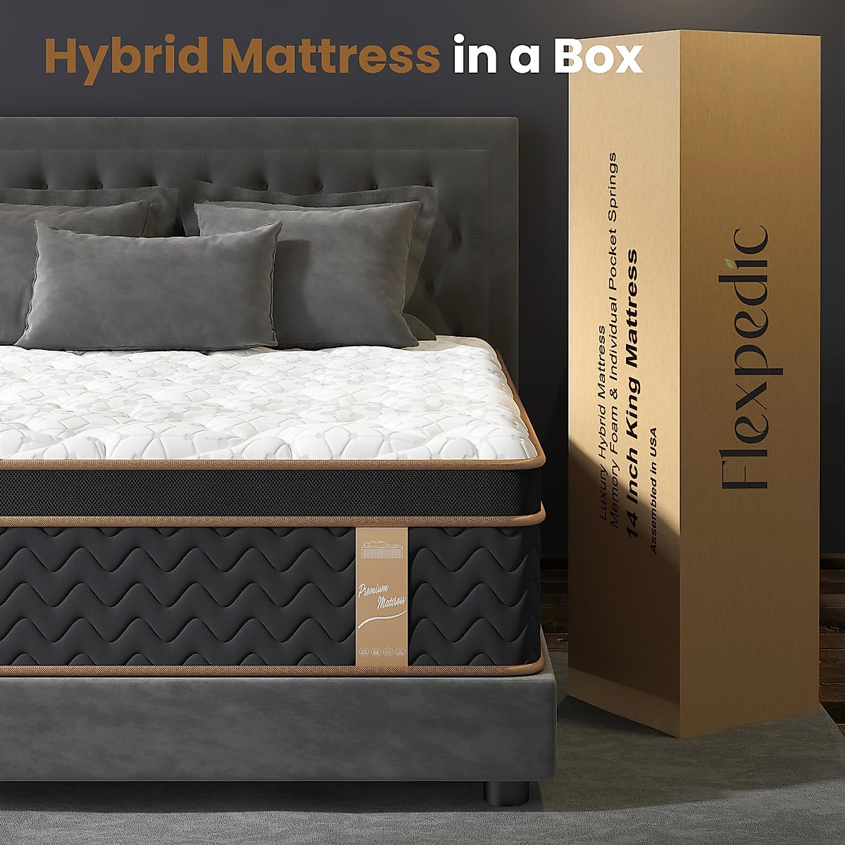 King Mattress, 14 Inch Hybrid Mattress with Gel Memory Foam, Fiberglass Free Deluxe Mattress in a Box, Individual Pocket Spring-Motion Isolation-Medium Edge Support, 100 Nights Trial, CertiPUR-US