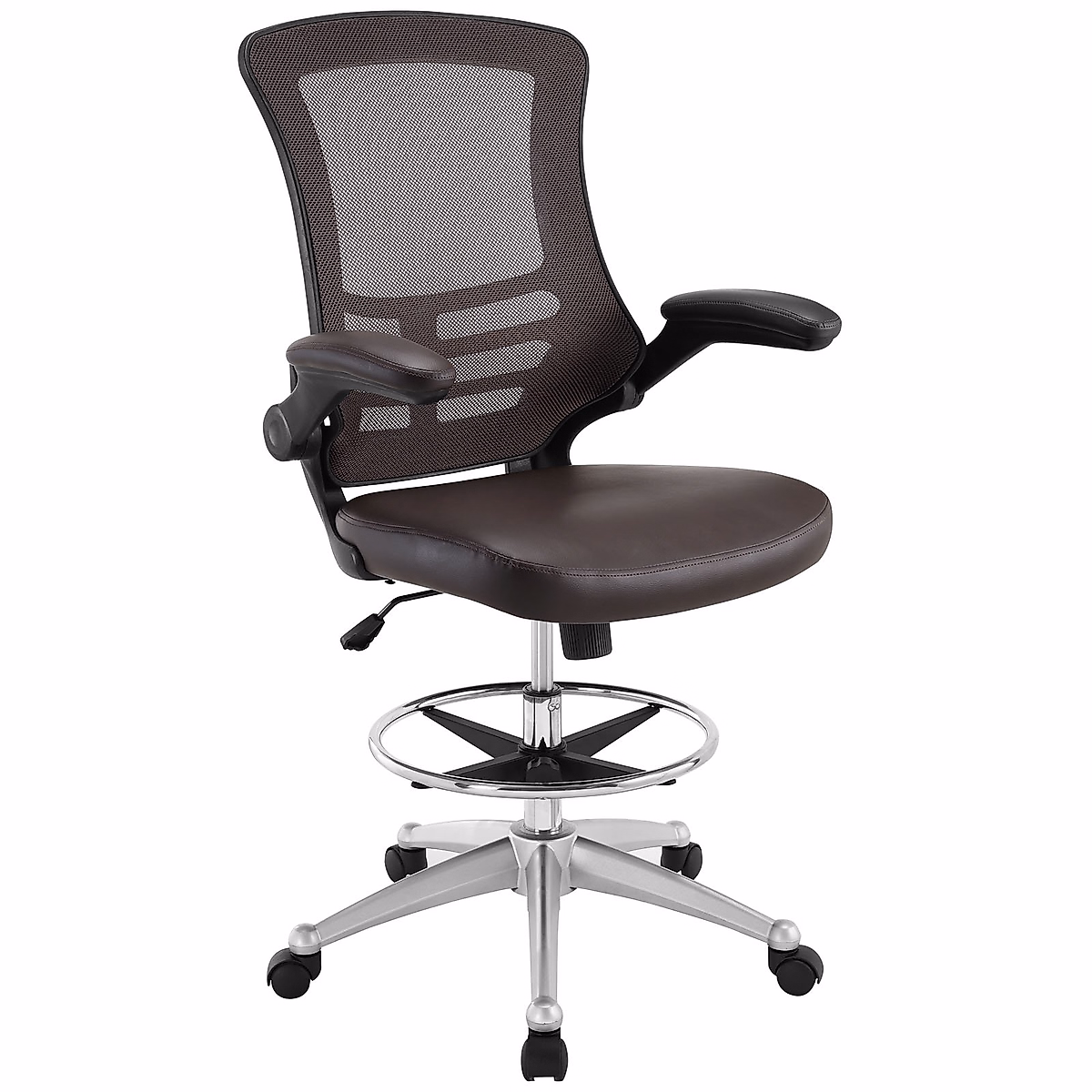 Modway Attainment Vinyl Drafting Chair - Drafting Stool With Flip-Up Arm in Brown