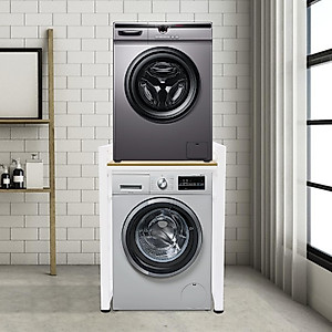 LOHISHILO Stacking Rack Stand, Heavy Duty Over Washer&Dryer Shelves with Adjustable Shelf, Space Saver Stackable Storage Shelf for Laundry Room Apartments Bedrooms (White& Light Walnut)