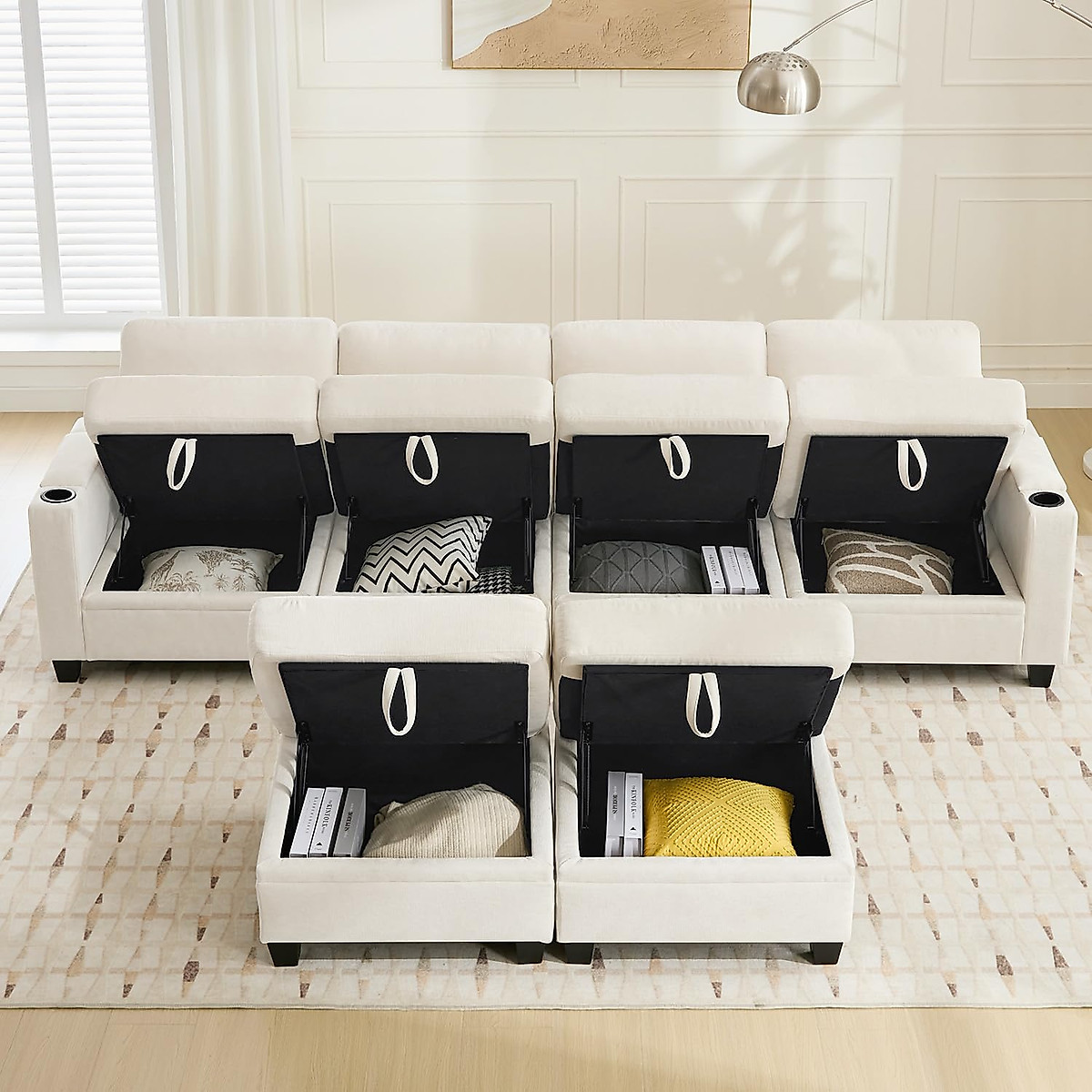 Bumblr 117.4" Convertible Sectional Couch with Storage Seat, 6 Seat Modern U Shaped Sectional Sofa with Double Reversible Chaise, Comfy Chenille Armrest Storage and Cup Holder for Living Room, Beige