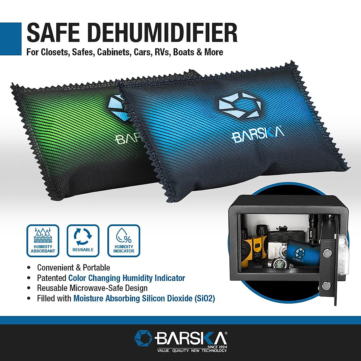 BARSKA Rechargeable Desiccant Dehumidifier - Safe Moisture Absorber for Home Closets, Gun Safes, Basement, Garage, Cars - Microwaveable - Portable Blue Dehumidifying Solution