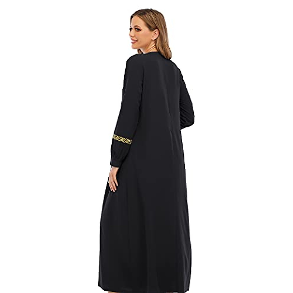 Abetteric Womens Long Sleeve Ethnic Style Full Zip Muslim Dresses Abaya with Hijabs Black 2XL