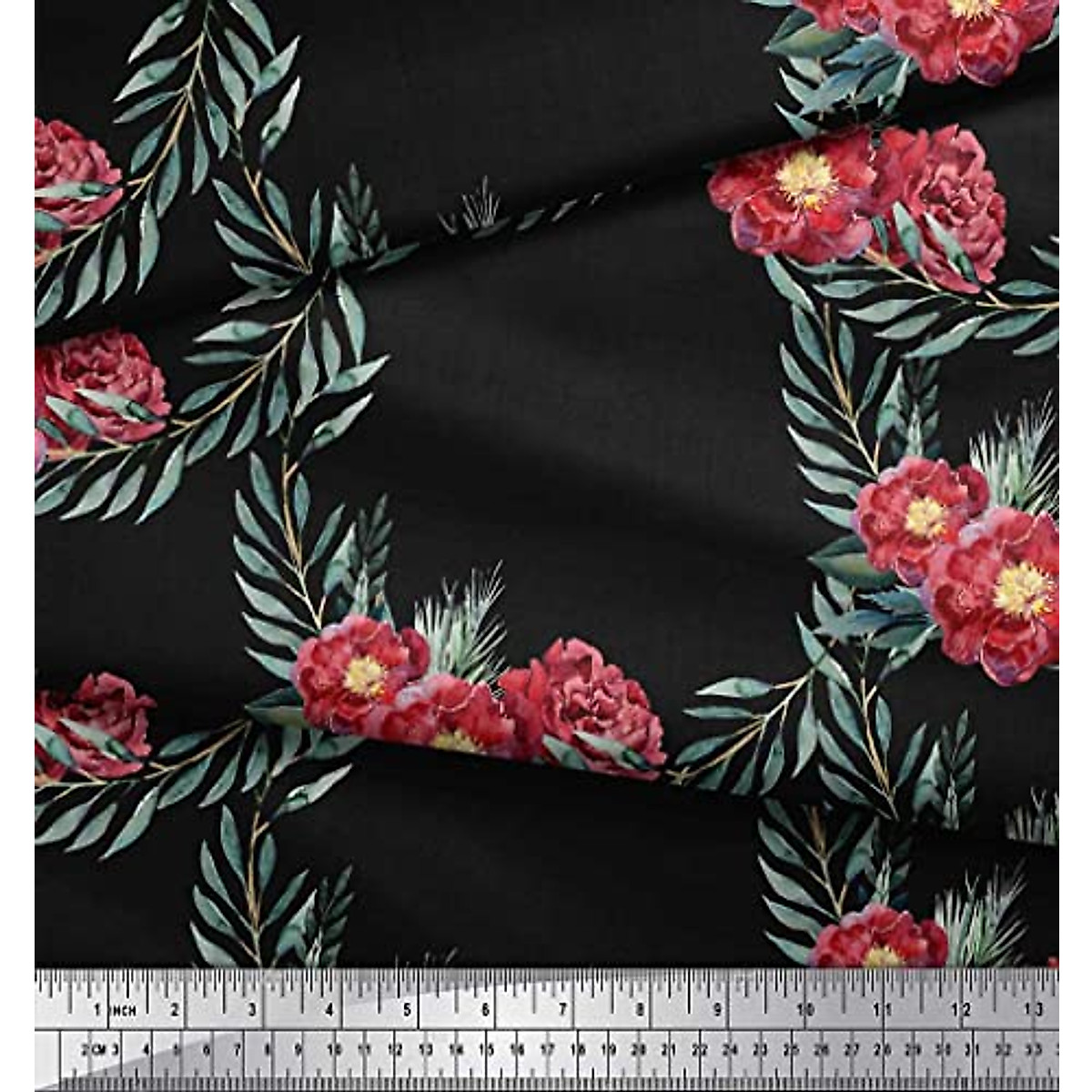 Soimoi Black Cotton Canvas Fabric Leaves & Peony Floral Print Sewing Fabric Yard 44 Inch Wide
