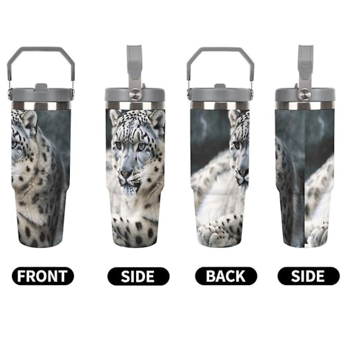 BWQJKUO Large Capacity Car Cup 30 Oz Stainless Steel Snow Leopard Printed Travel Mug Leak-proof Flip Straw Tumbler with Handle,keeps Cold Or Ho