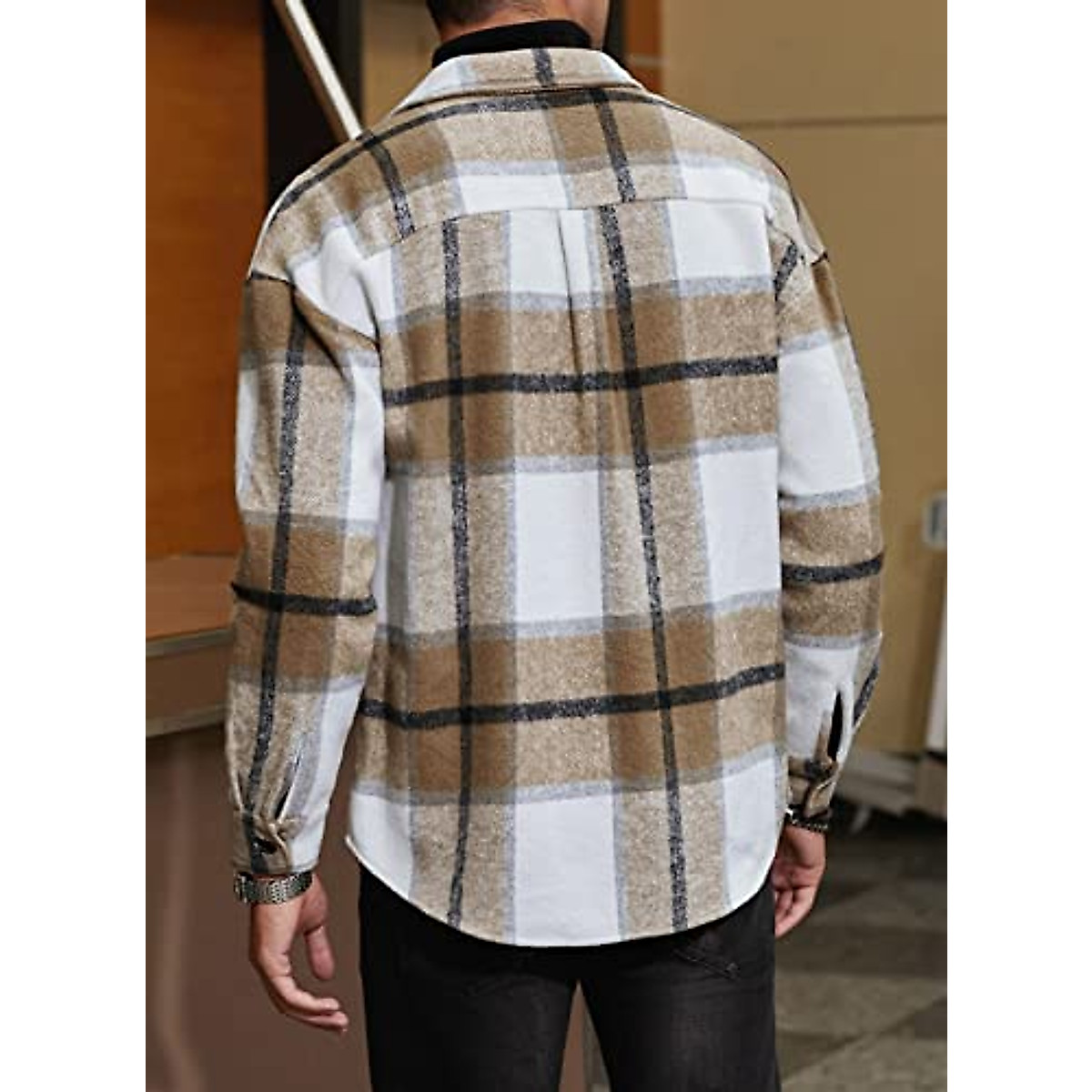 JMIERR Plaid Shacket Men Casual Button Down Shirts Long Sleeve Lightweight Classic Jackets Tops with Pockets,US 43(L),Brown