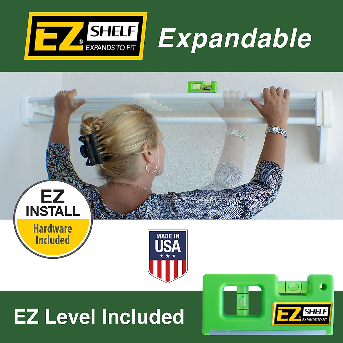 EZ Shelf - DIY Expandable Closet Shelf (NO Hanging Rod) - 40.5” to 73” - White - Easy to Install to 2 Sidewalls -(EZS-SW72)- Wire Closet Shelving Alternative