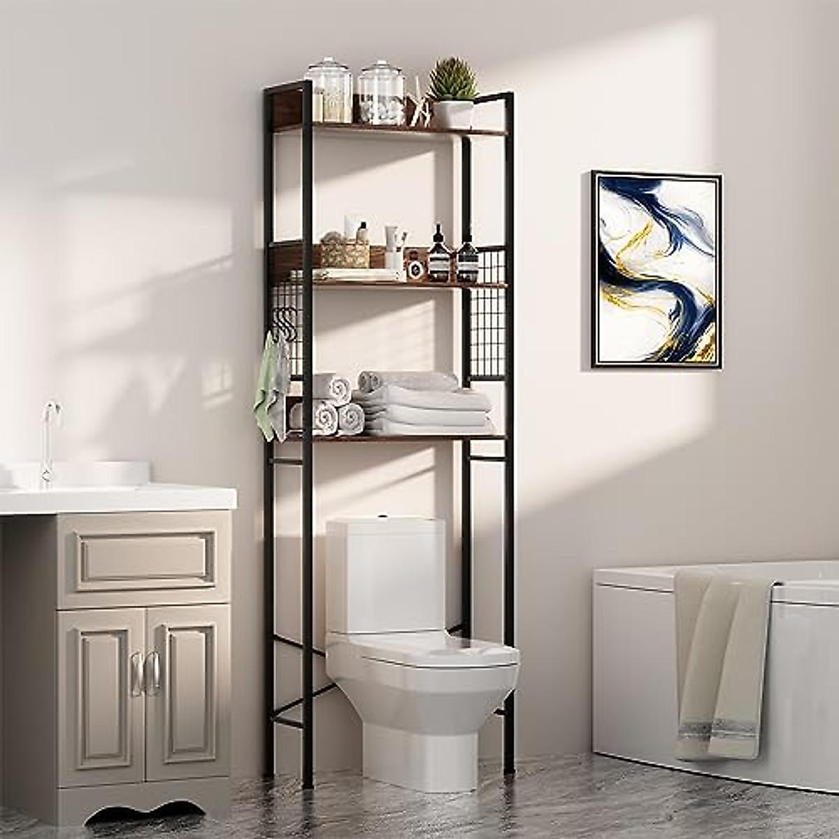 Giantex Over-The-Toilet Storage Shelf, 3-Tier Bathroom Space Saver with 3 Hooks, Industrial Tower Rack for Restroom, Kitchen, Freestanding Bathroom Organizer (Rustic Brown)