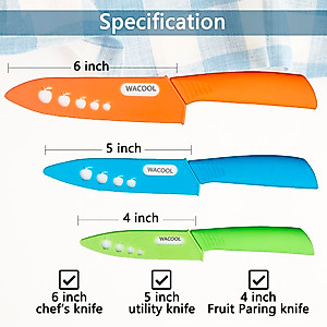 WACOOL Ceramic Knife Set 3-Piece (6-inch Chef's Knife, 5-inch Utility Knife,4-inch Fruit Paring Knife), with 3 Knife Sheaths for Each Blade (Colorful Handle)