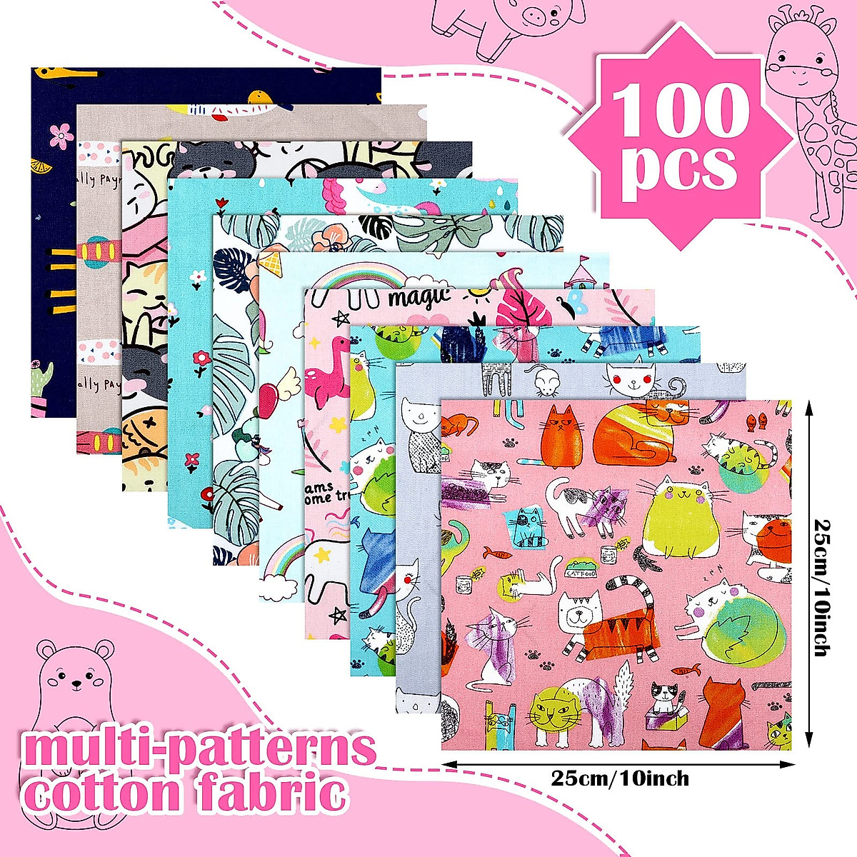 100 Pcs Cotton Fabric Square Patchwork Craft Fabric Scraps Quilting Fat Bundles Flower Animals Cartoon for DIY Sewing Cloths (Lovely, 10 Inch)