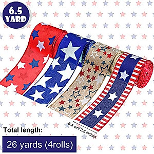 Wiaxin 26 Yards 4th of July Ribbon Patriotic Wired Edge Ribbon Patriotic Stars Stripes Ribbon for Independent Day Decor Hair Bows Wrapping Sewing