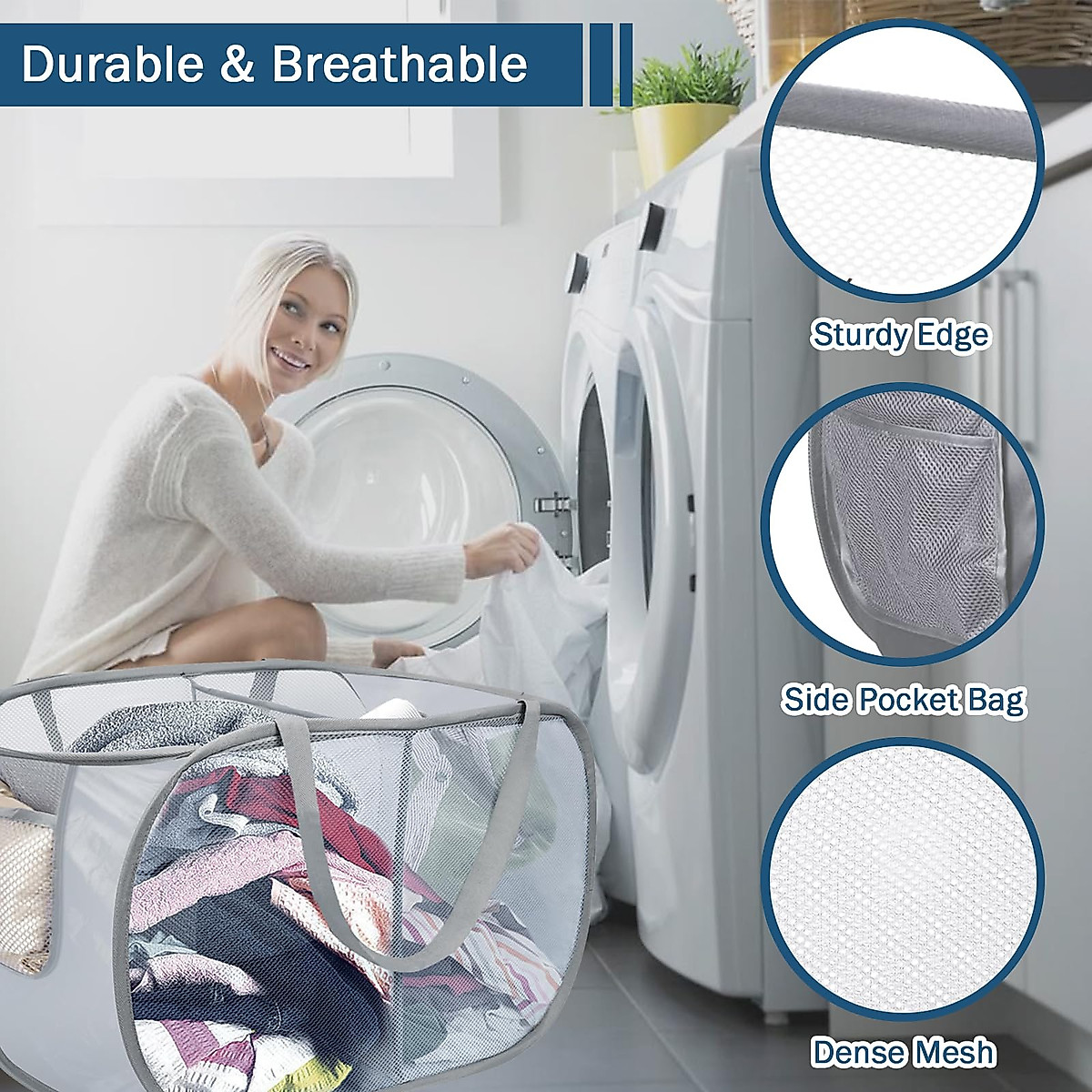 Violinak 4 Pack Collapsible Laundry Baskets Dual Compartment, Mesh Pop Up Hamper with Easy Carry Handles, Foldable laundry hamper for College Dorm, Kids Room, Laundries and Travel, toy storage basket