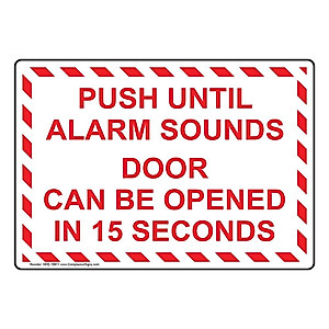 ComplianceSigns.com Push Until Alarm Sounds Door Can Be Opened In 15 Seconds Label Decal with Symbol, 5x3.5 in. 4-Pack Vinyl for Enter/Exit
