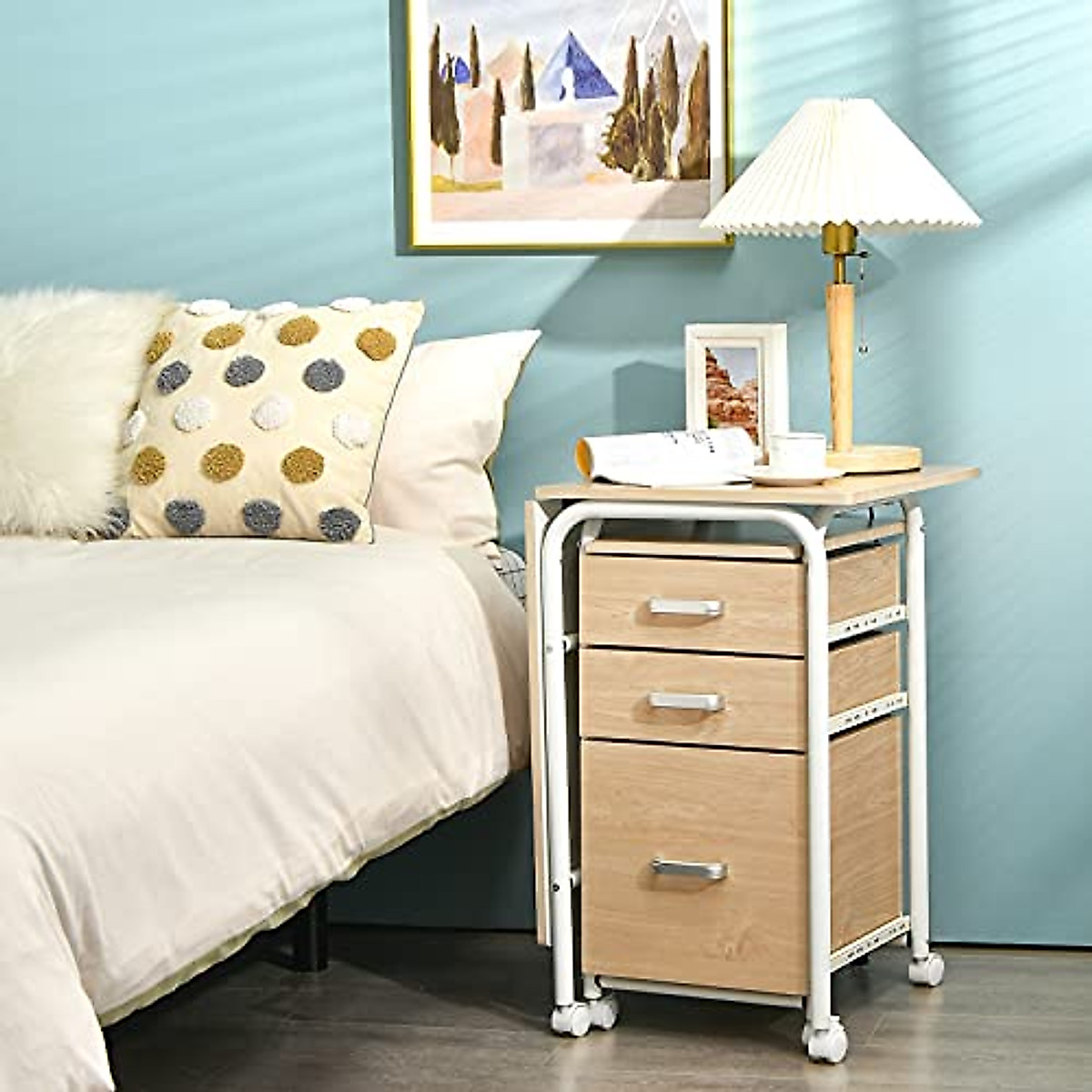 Tangkula Folding Computer Desk with 3 Storage Drawers, Mobile Home Office Desk Study Writing Desk with Smooth Wheels, Space Saving Compact Desk for Dorm Apartment, Rolling Folding Desk Table