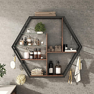 Saudism Floating Shelves with Lights, Led Shelves for Wall, Gaming Room Decor Display Shelf, Lighted Bar Shelves, Extra Hanging Hooks Storage, Sturdy Fast Assembly Great Weight Capacity-Rustic Brown