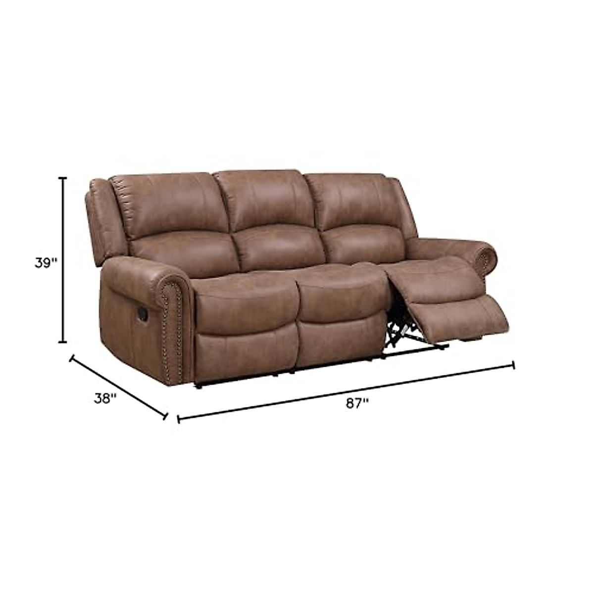Madrona Burke Nova Brown 87" Sofa with Dual Recliners, Nailhead Trim, and Pillow Back