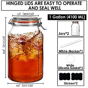 Super Wide-Mouth Glass Jars with Hinged Lids, 1-Gallon (4100 ML) Leak Proof Glass Canning Jars with Airtight Lids and 2 Measurement Marks. Large Capacity, Sturdy For Canning, Overnight Oats, 2-Pack