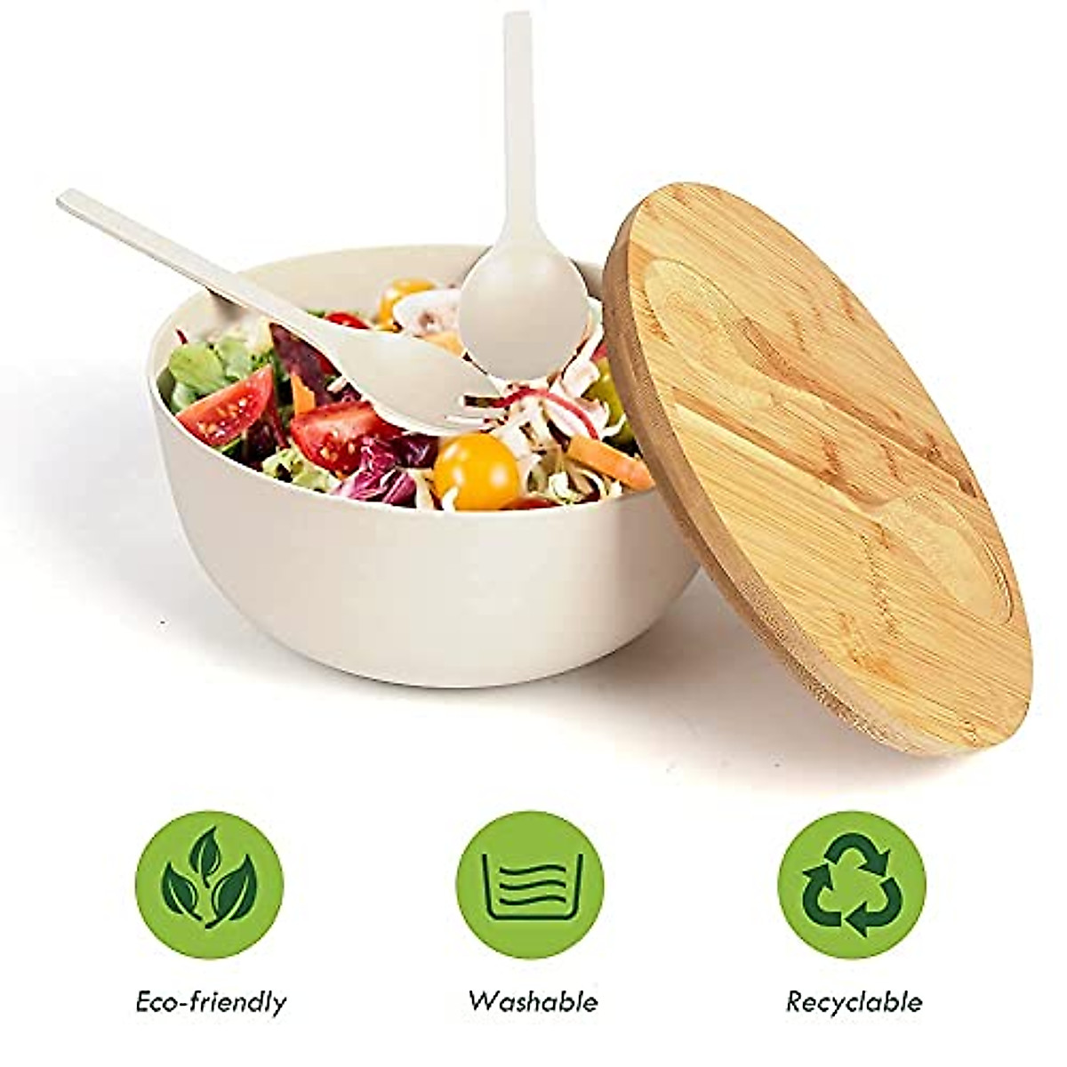 Large Salad Bowl with Lid, Bamboo Fiber Salad Serving Bowl Set with Utensils, 9.8inches Mixing Bowl with Servers, Solid Bamboo Wooden Bowl for Salad, Fruits, Vegetables and Pasta(White)