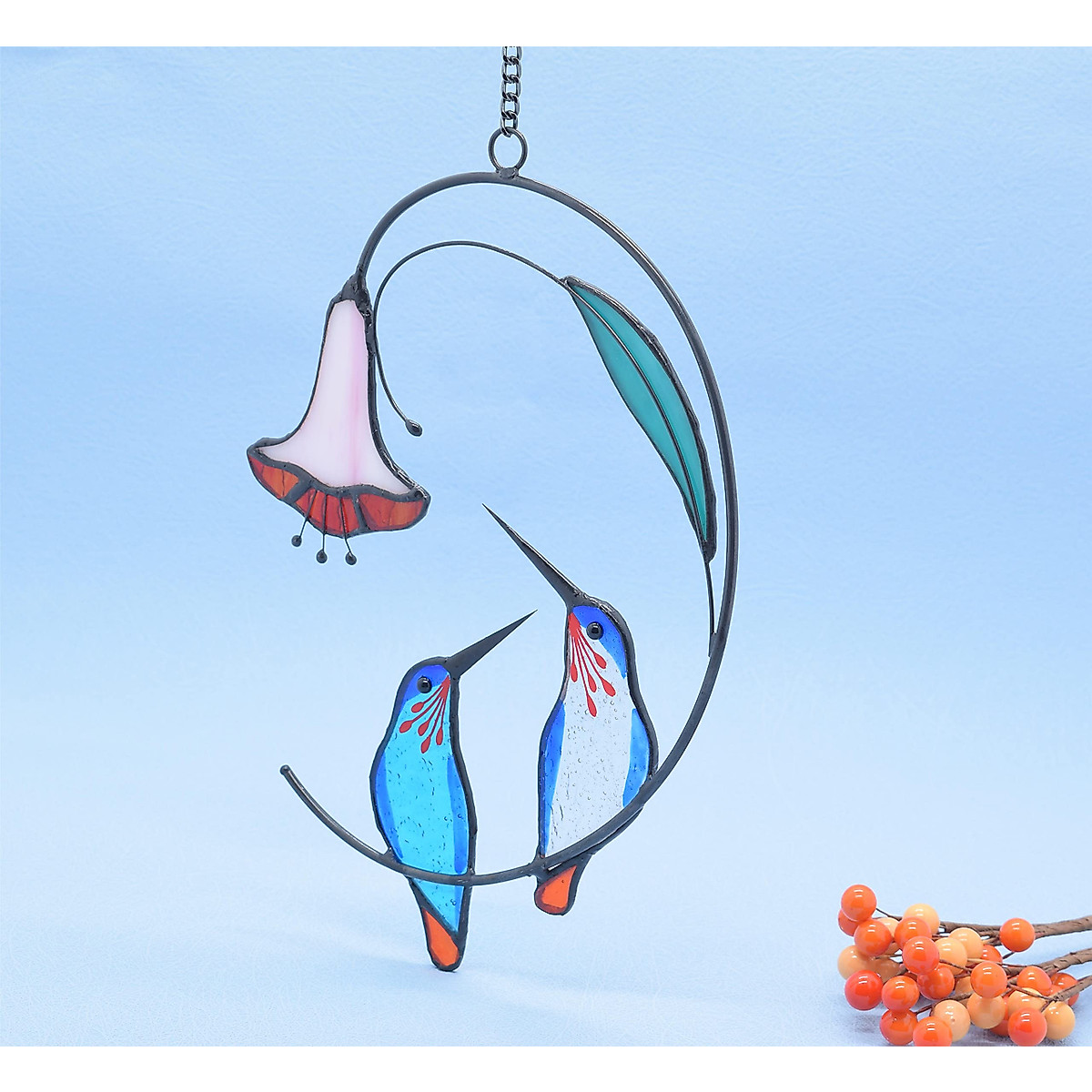 Lolitarcrafts Hummingbird with Flower Stained Glass Suncatcher Bird Stained Glass Window Hangings Hummingbird Gift for Home Decor (Blue 1 Pair)