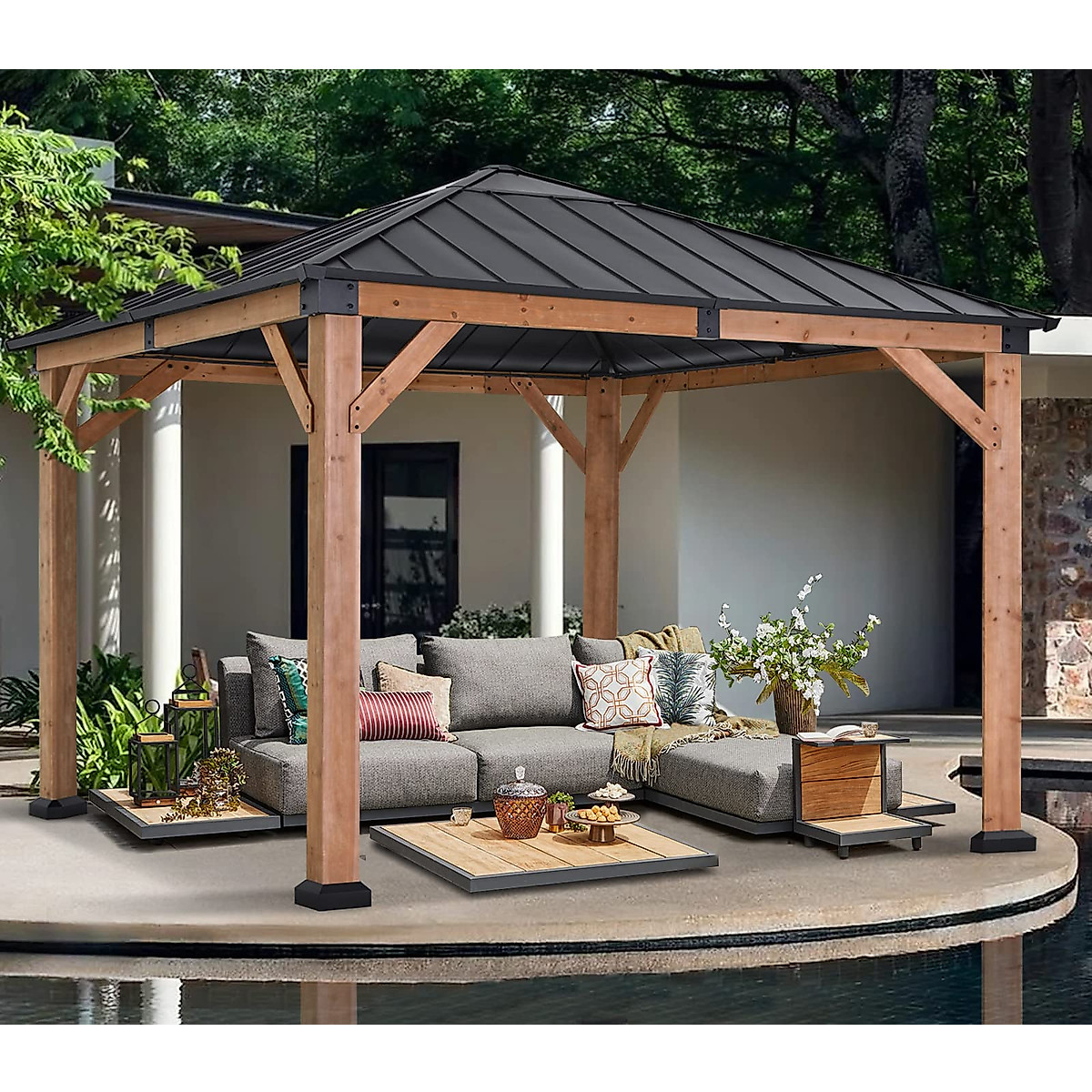 ABCCANOPY Wood Gazebo 11x11 - Outdoor Patio Wooden Gazebo with Hardtop Metal Double Roof with Mosquito Netting for Garden, Backyard and Deck