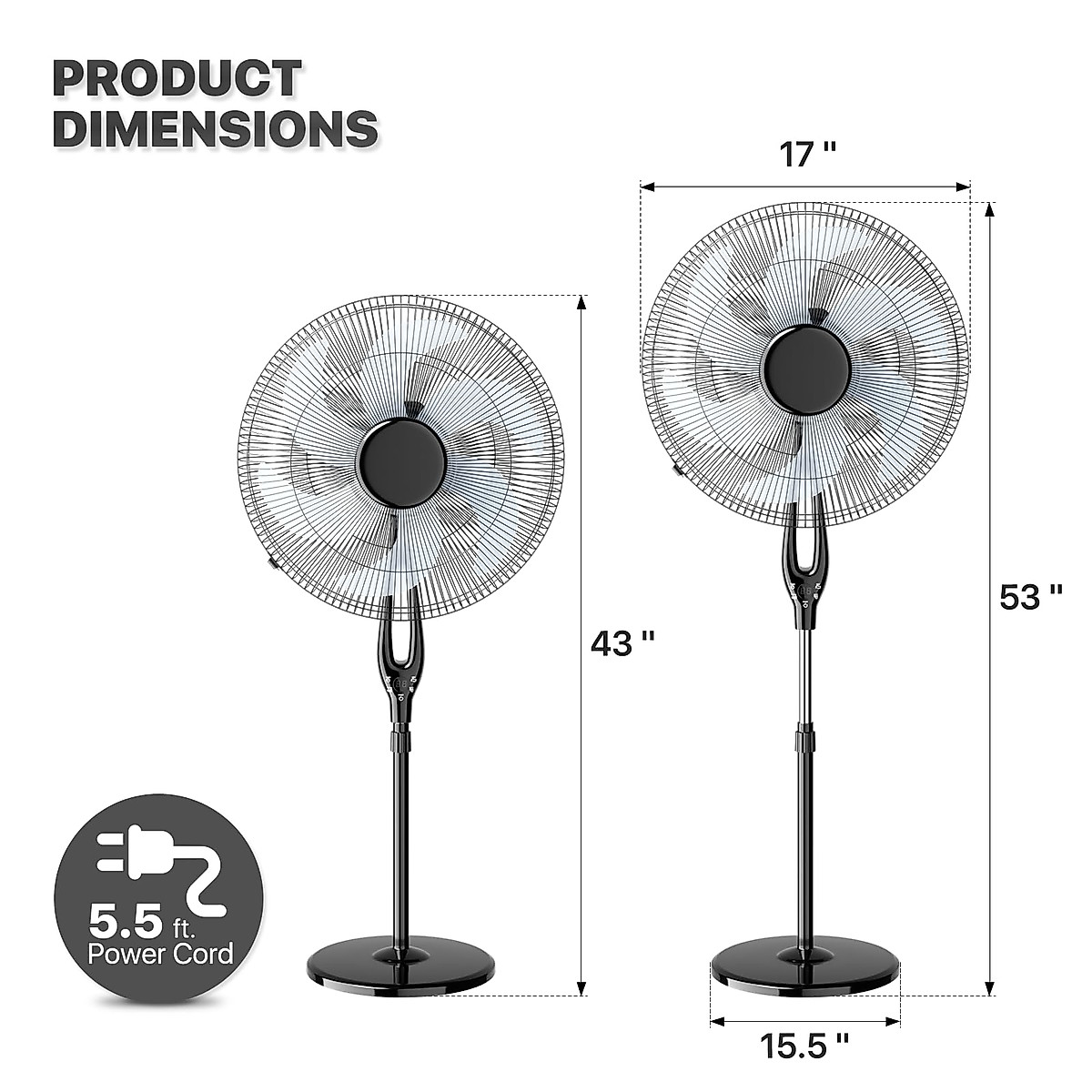 mollie Oscillating Pedestal Fan with Remote Control 12H Timer Portable Adjustable Height 6 Blades Quiet Air Circulator Standing Floor Fan for Bedroom Home Black