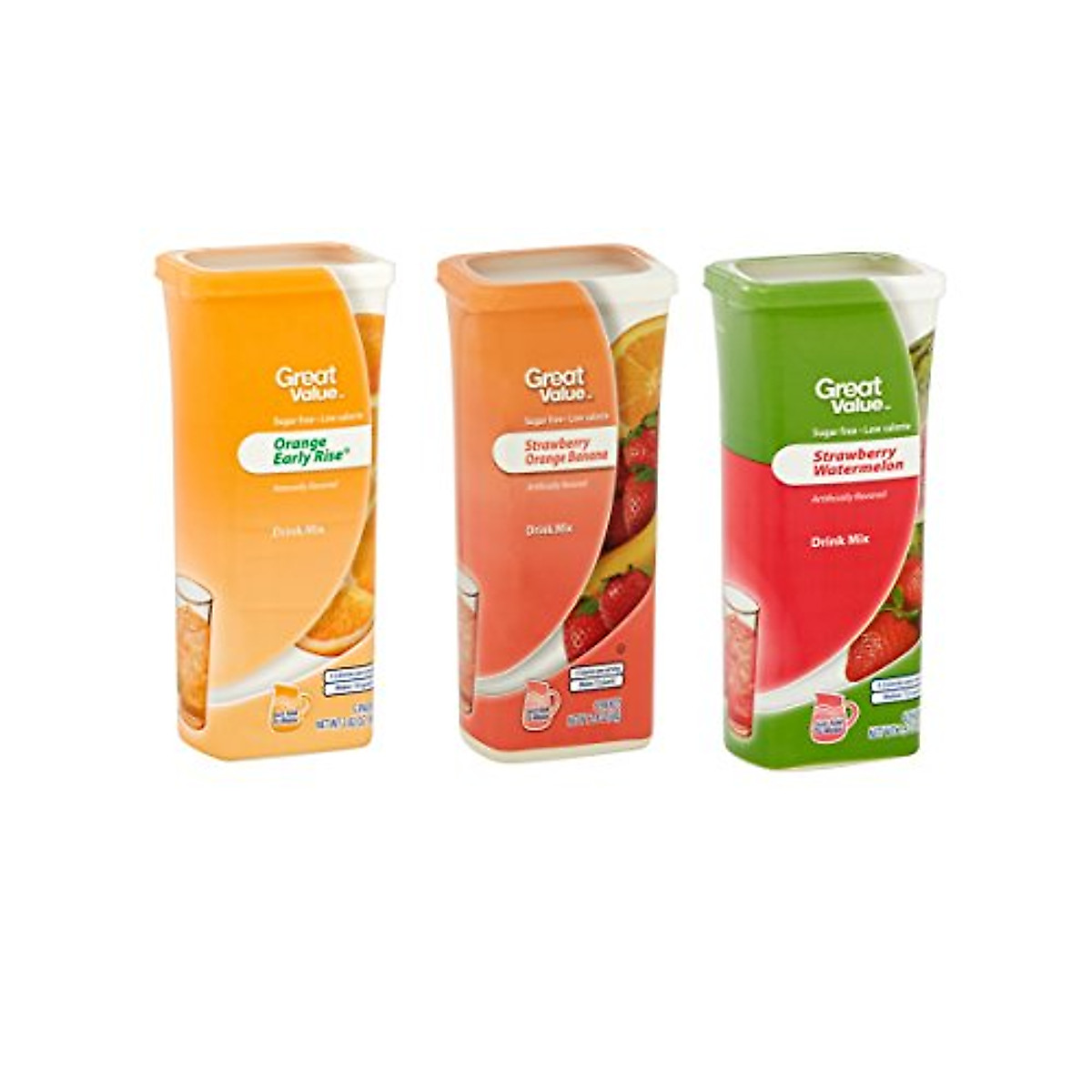 Great Value Drink Mix, Sugar Free, Early Rise Orange, Orange Strawberry Banana and Strawberry Watermelon a Bundle of 3 flavor Canisters. (Canister Designs May Vary)