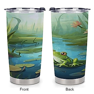 FHENMSA Reusable Plastic Water Cups with Lids,Frog in A Pond Print Anti-overflow Cup,sports Travel Coffee Cup