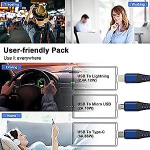 Bawanfa Multi 3 in 1 USB Long Charger Cable, 3M/10Ft 6A PD Fast Braided Charging Cord, Universal Multiple Ports Long Charging Cable with USB C/Micro USB/Lightning Connector