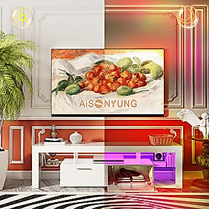 AiSONYUNG White LED 63inch TV Stand for 55 60 65 70 75 Inch TV, High Glossy Modern Entertainment Center, Large Wood TV Stand Gaming Media Cabinet with Large Storage for Bedroom Living Room and Office