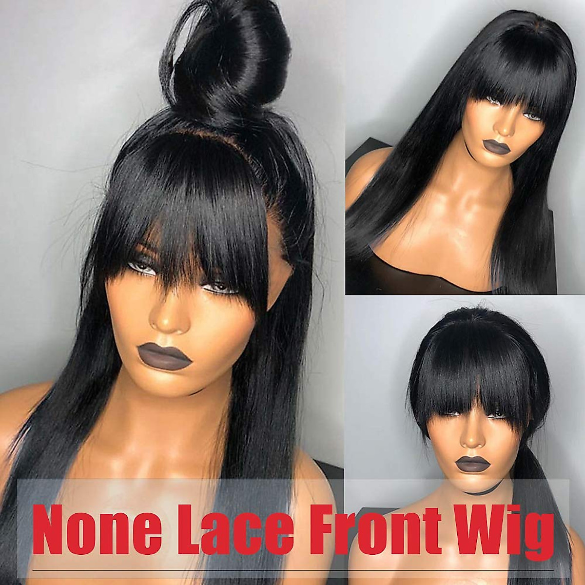 Lzlefho Silky Brazilian Virgin Straight Human Hair Wigs with Bangs 130% Density None Lace Front Wigs (Natural Black, 16inch)